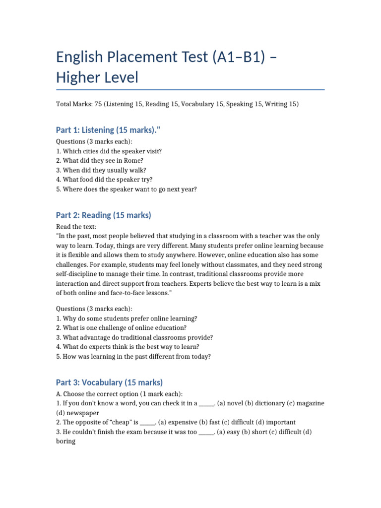 English Placement Test A1-B1 Overview | PDF | Vocabulary | Educational ...