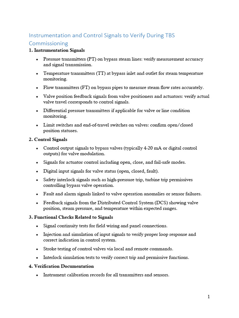 Instrumentation and Control Signals To Verify During TBS Commissioning ...
