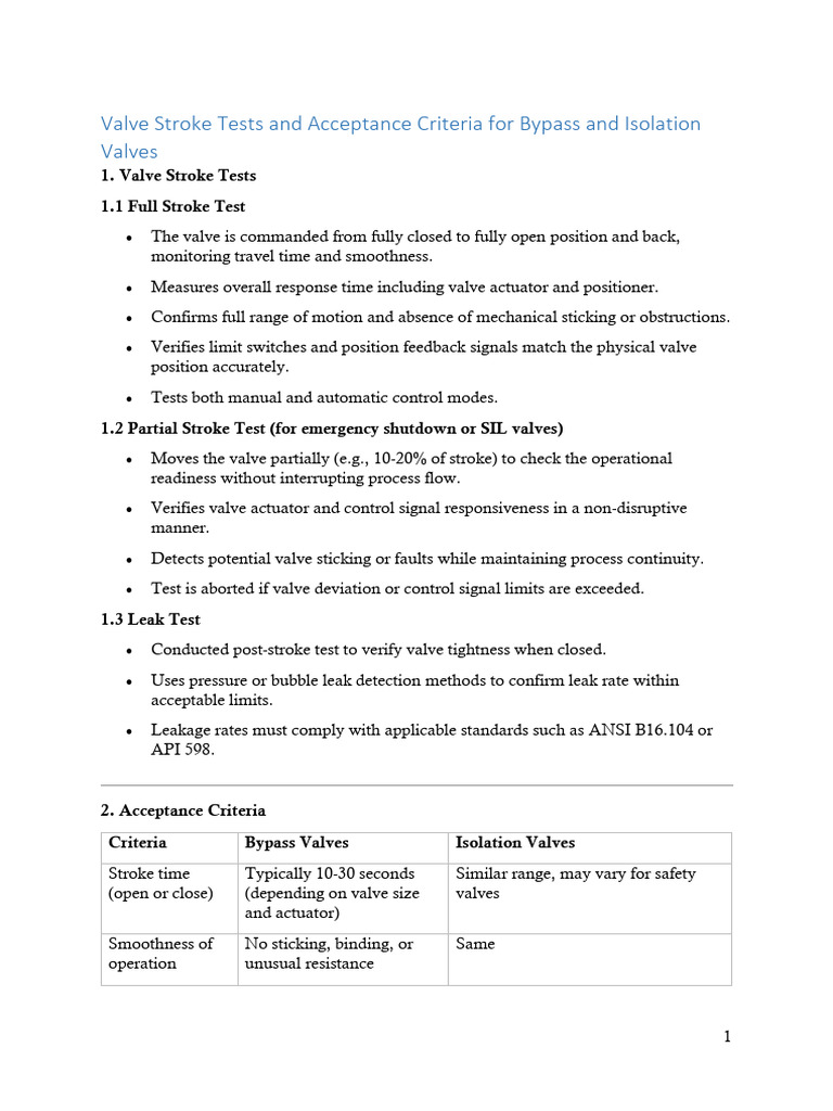 Valve Stroke Tests and Acceptance Criteria For Bypass and Isolation ...