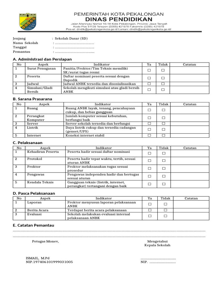 Instrumen Monitoring ANBK SD Pekalongan | PDF