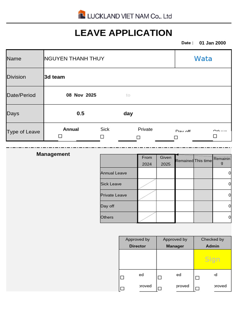 Leave Application for Nguyen Thanh Thuy | PDF