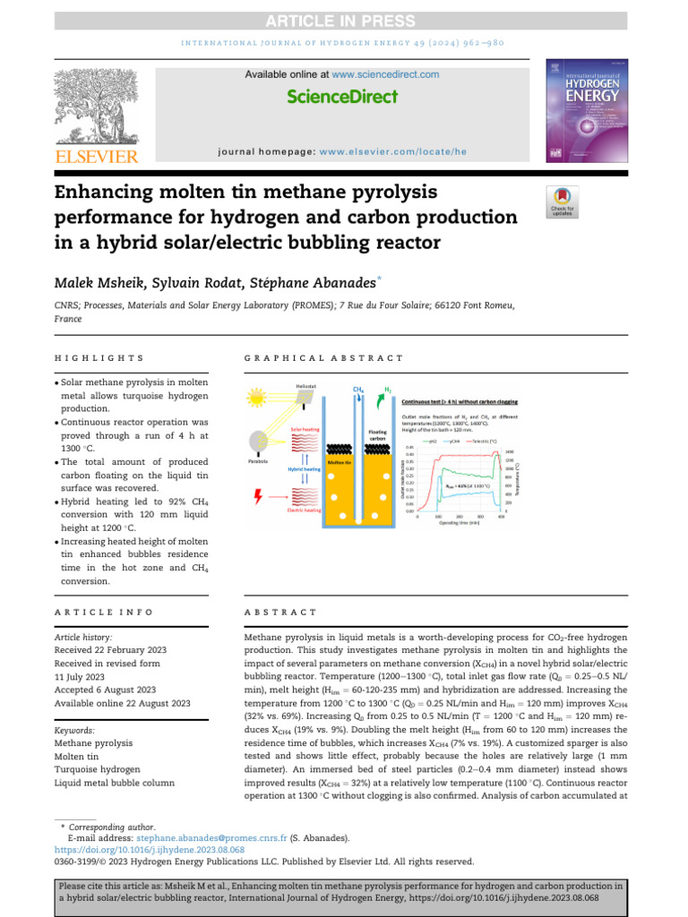 Molten Tin Methane Pyrolysis for Hydrogen | PDF | Methane | Hydrogen