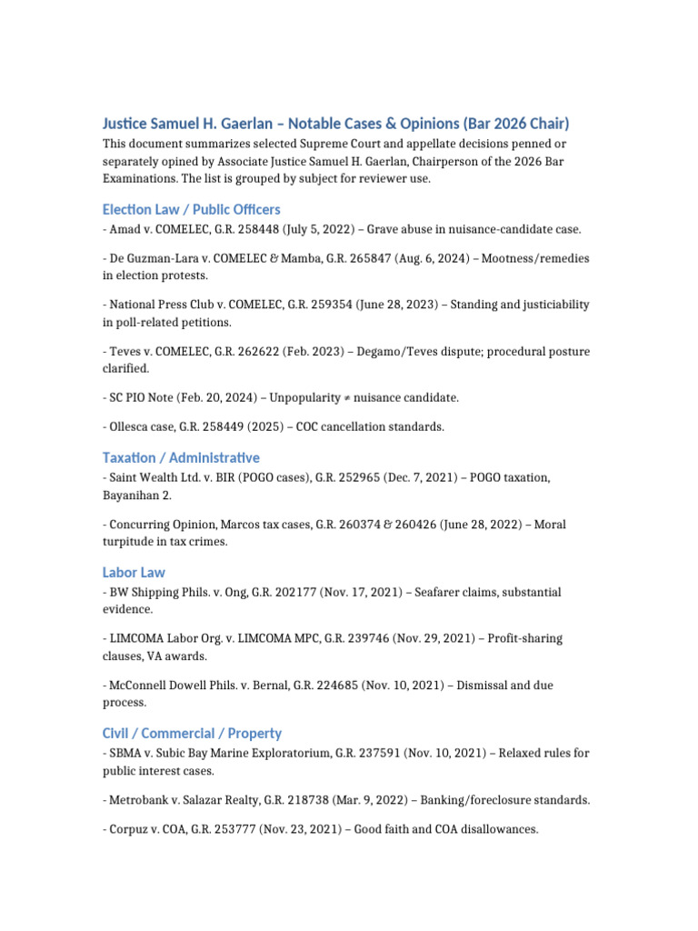 Justice Gaerlan Cases Bar2026 | PDF | Separation Of Powers | Legal ...