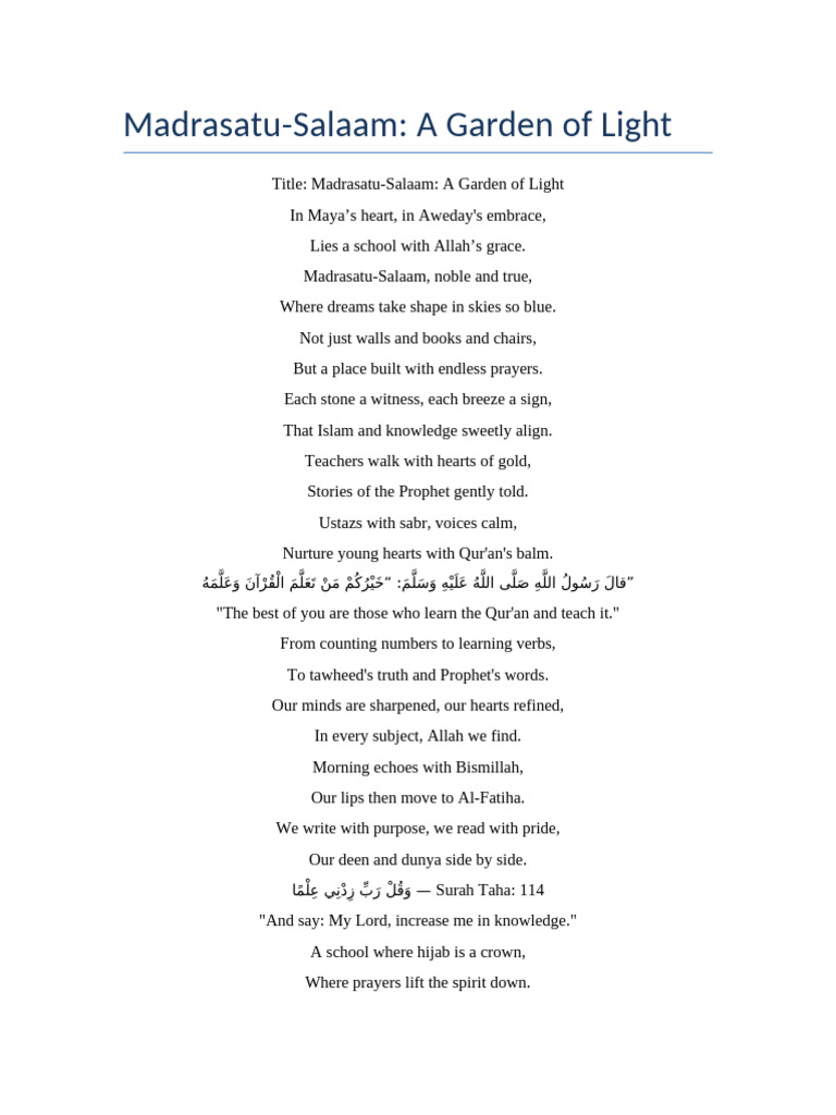 Madrasatu Salaam Poem | PDF | God In Islam | Semitic Words And Phrases