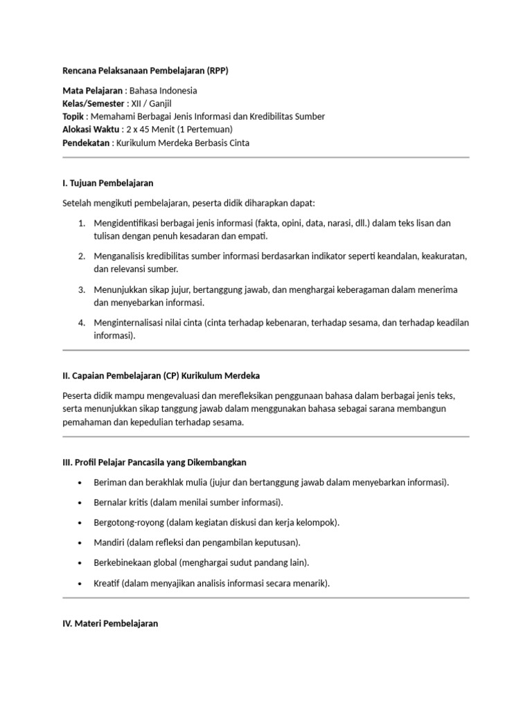 RPP Bahasa Indonesia: Kurikulum Cinta | PDF