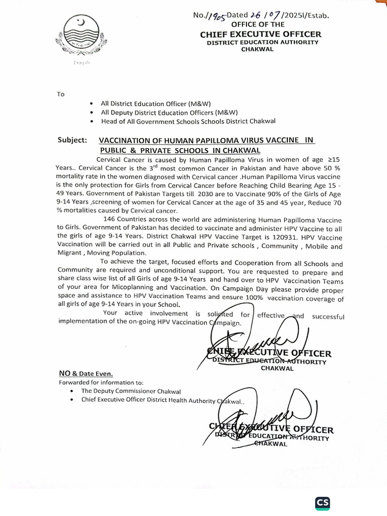 HPV Vaccination Letter by CEO DEA | PDF