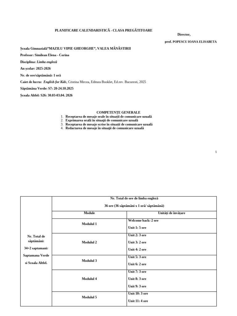 Planificare Engleza, C.P. Booklet 2025.2026 | PDF
