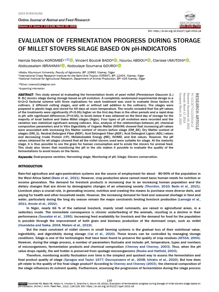 EVALUATION OF FERMENTATION PROGRESS DURING STORAGE OF MILLET STOVERS ...
