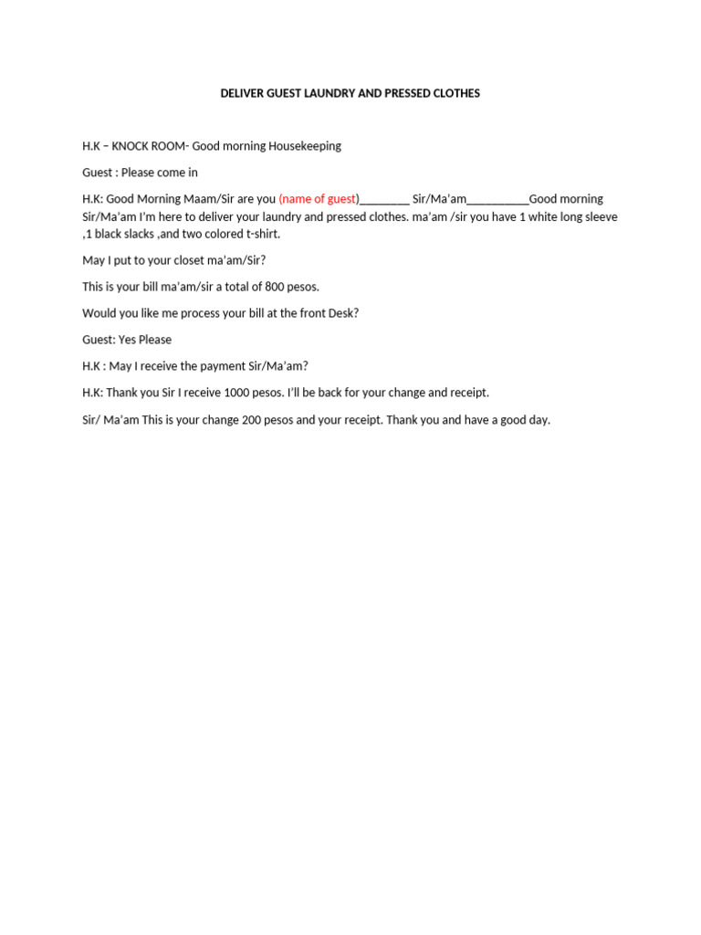 Guest Laundry Delivery Process Guide | PDF