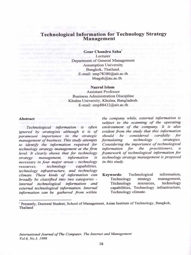 Technological Information For Technology Strategy Management | PDF