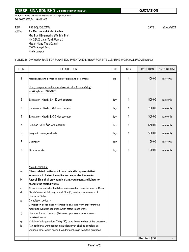 Quo 02-Daywork Rate For Plant, Equipment and Labour For Site Clearing ...
