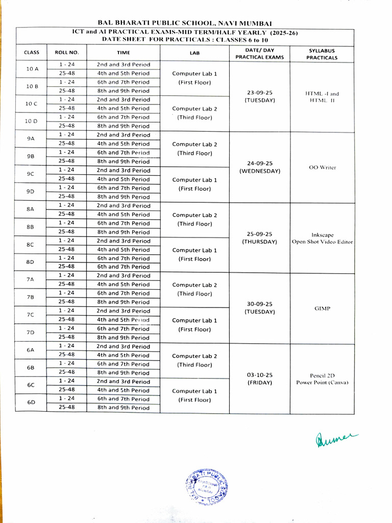 ICT & AI Practical Exam Date Sheet-Classes 6 To 10 | PDF