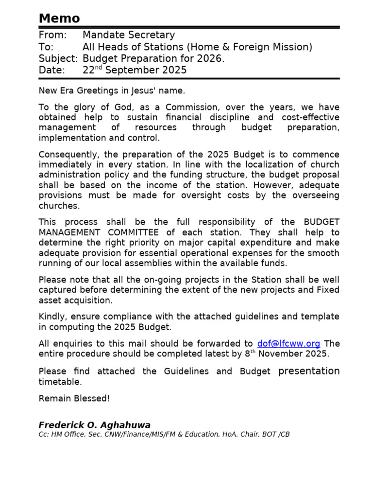 MEMO - Budget 2026 Preparation - 22092025 | PDF