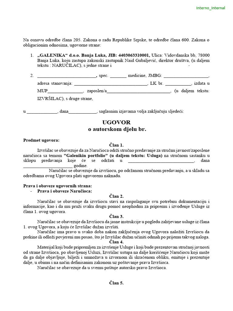 Ugovor o Autorskom Djelu (Prazno) | PDF