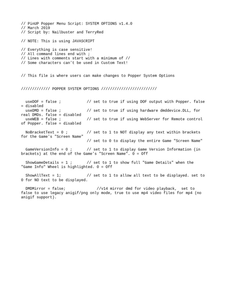 PinUP Popper Menu Script Options v1.4.0 | PDF