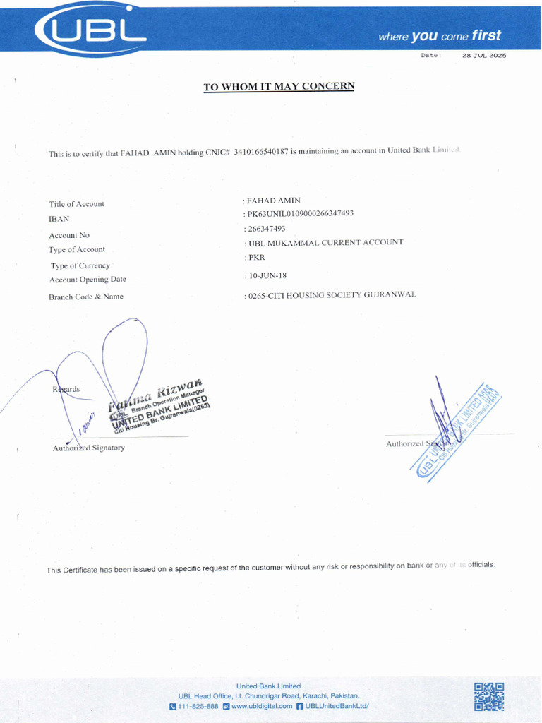 Fahad Amin Maintanance Certificate Ubl | PDF