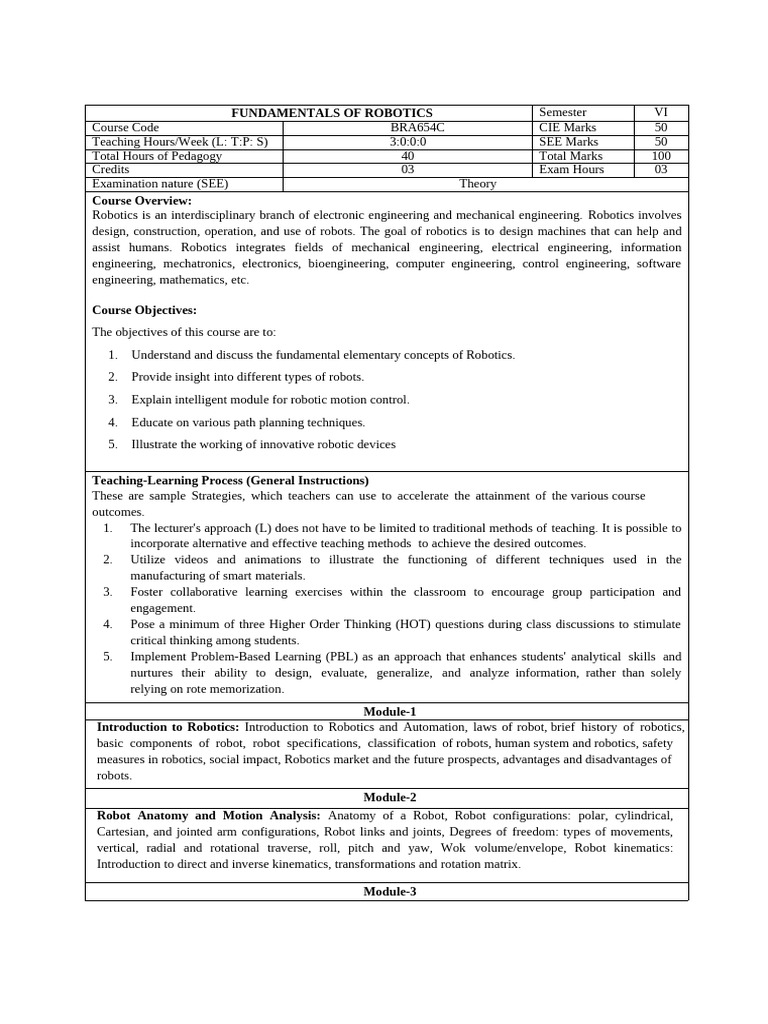 Fundamentals of Robotics - Syllabus | PDF | Robot | Robotics