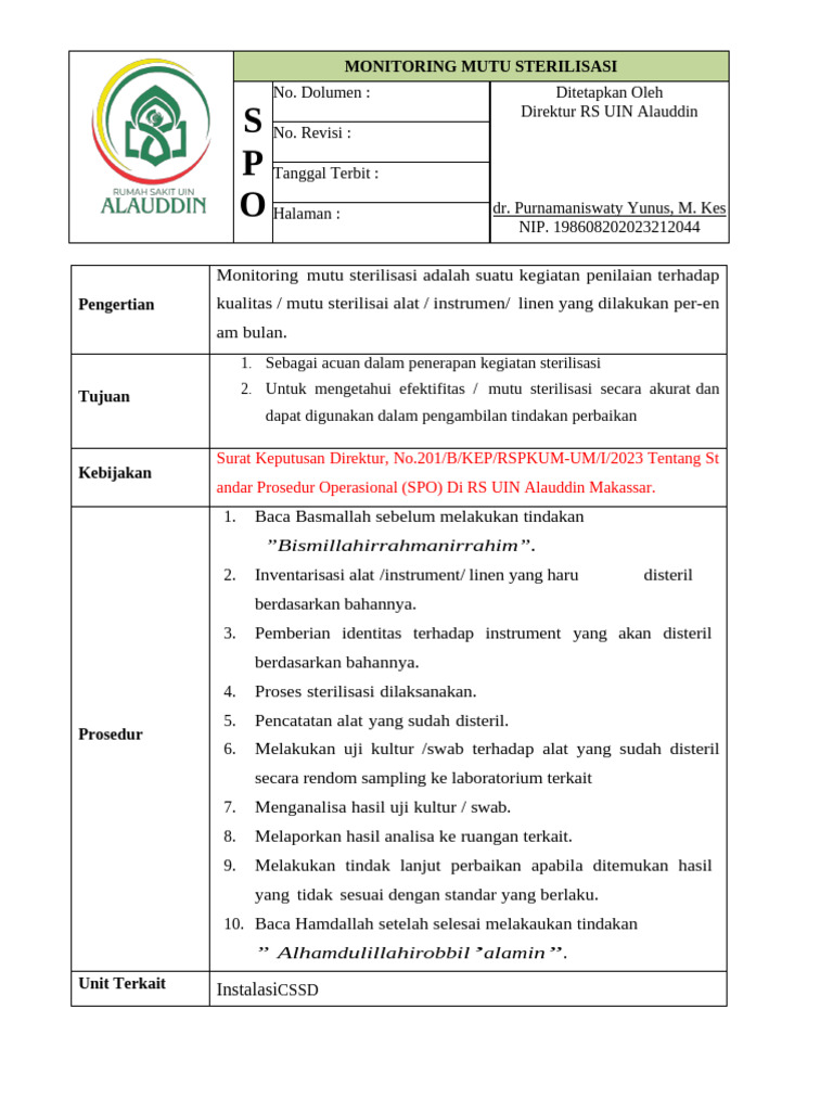 Sop Monitoring Mutu Sterilisasi | PDF