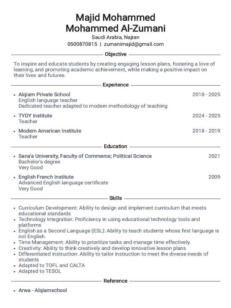 English Teacher Resume - Majid Mohammed | PDF