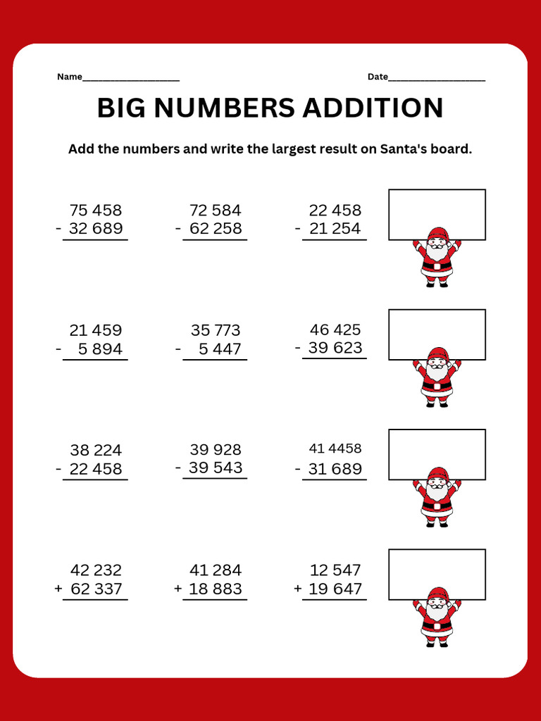 Christmas Addition Math Worksheet in Red | PDF