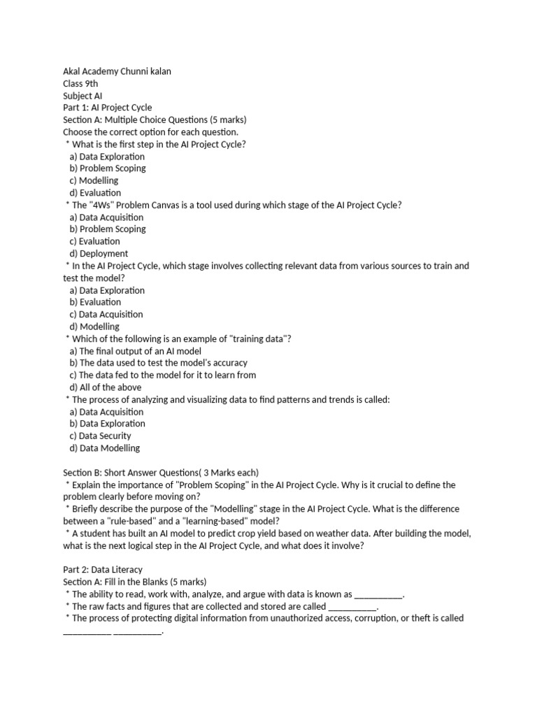 Class 9th Worksheet 4 AI Partb (Unit 1 and 2) | PDF | Data | Artificial ...