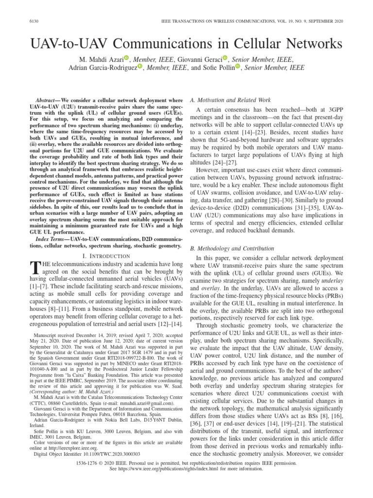 UAV-To-UAV Communications in Cellular Networks | PDF | Unmanned Aerial ...