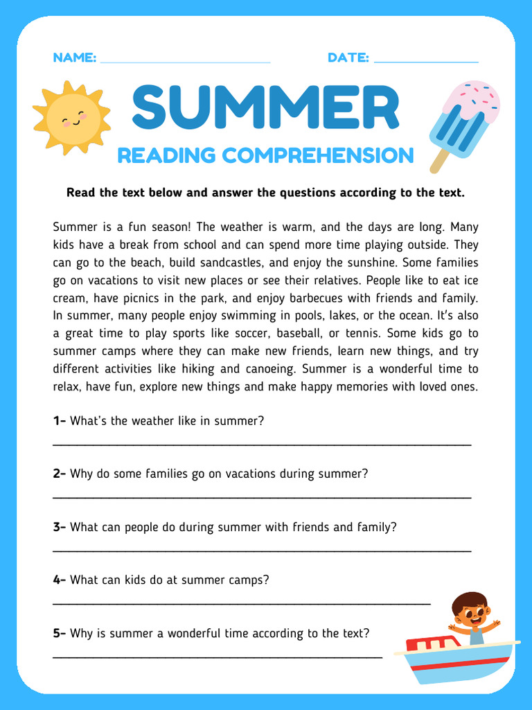 Summer Reading Comprehension Worksheet in Blue White Cute Style | PDF ...