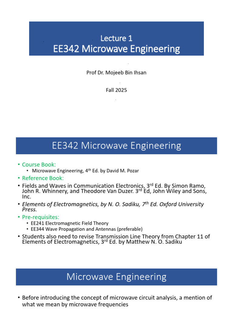 1 - EE342 Microwave Engineering - Lec1 | PDF | Microwave | Hertz