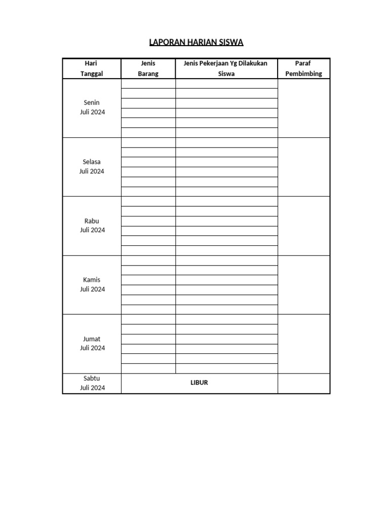 Tabel laporan kegiatan PKL | PDF