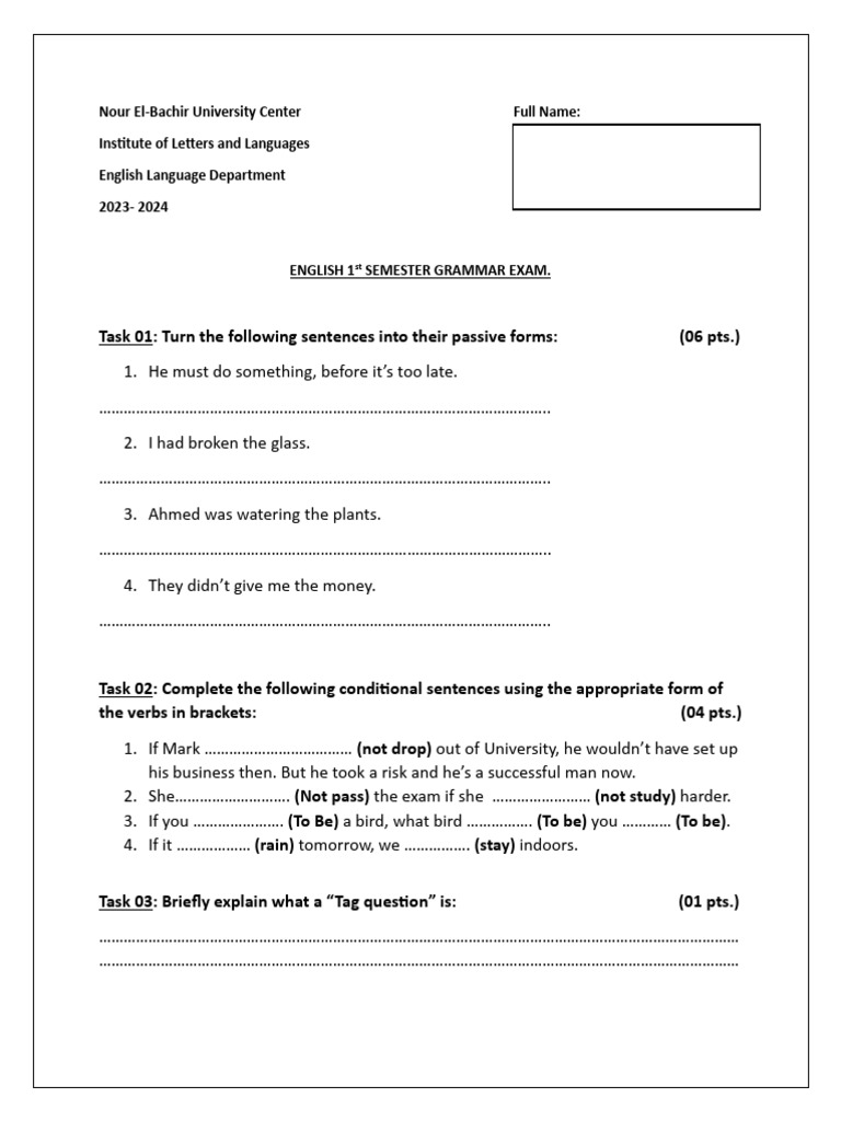 English Grammar Exam: 1st Semester Tasks | PDF