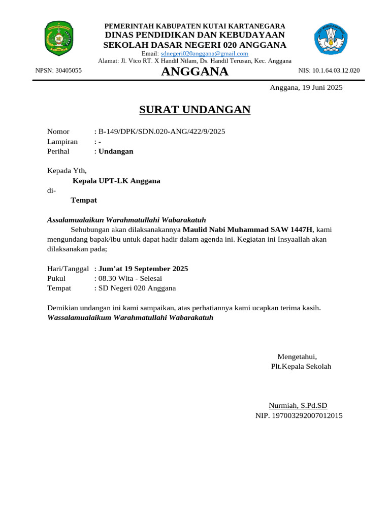 Undangan Maulid Nabi di SDN 020 Anggana | PDF