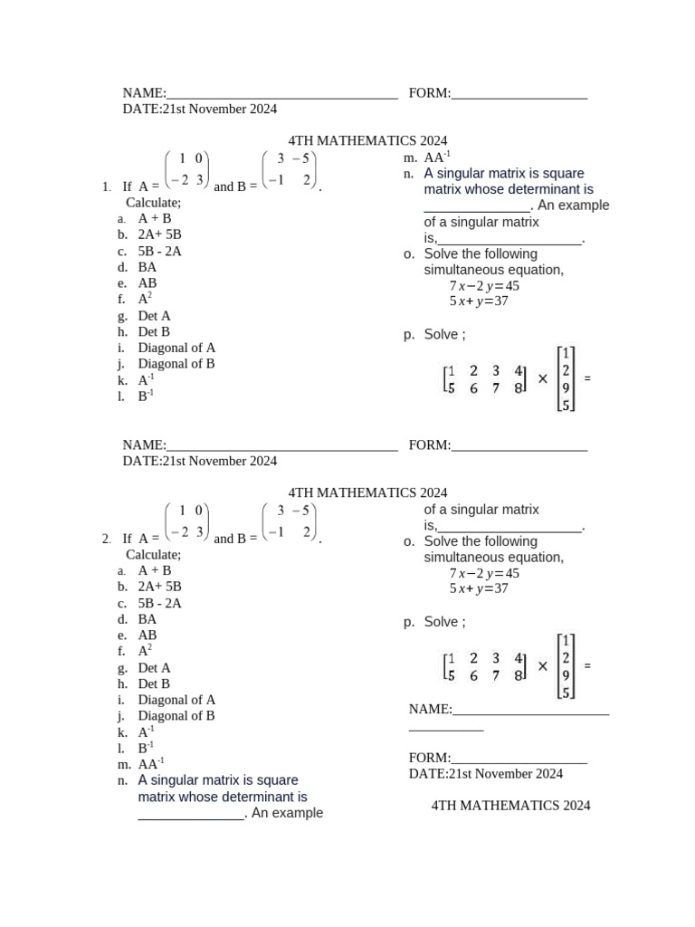 4th Matrices Test 2024-Gr | PDF | Matrix (Mathematics) | Determinant