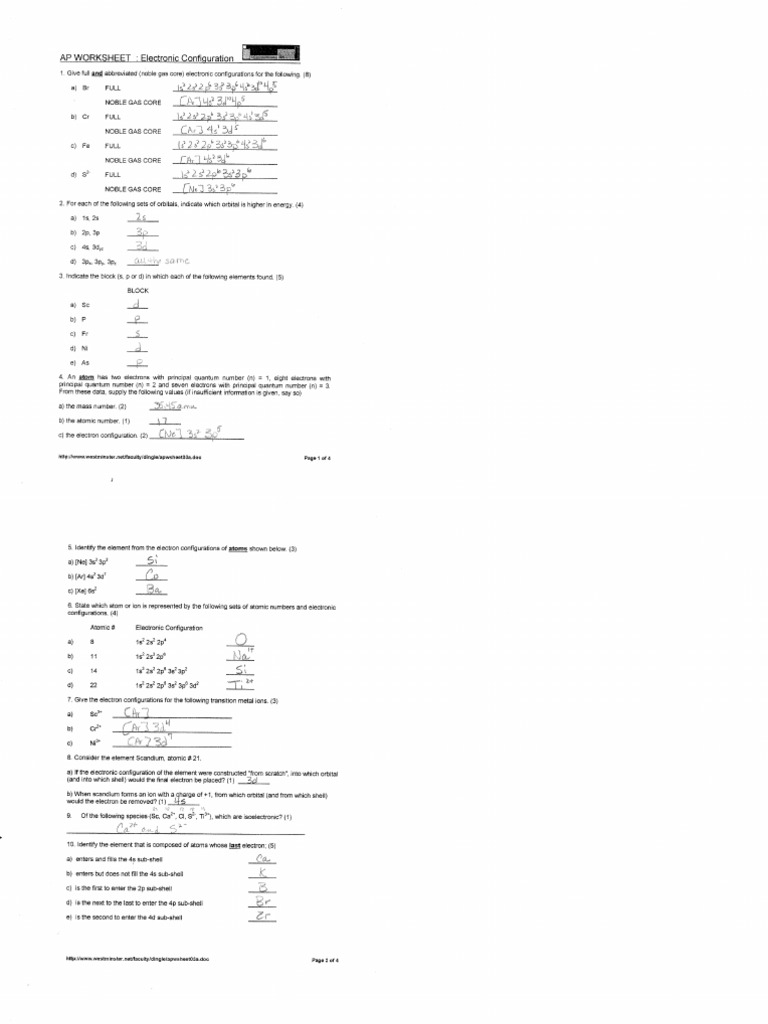 Electron Config Worksheet Answers | PDF