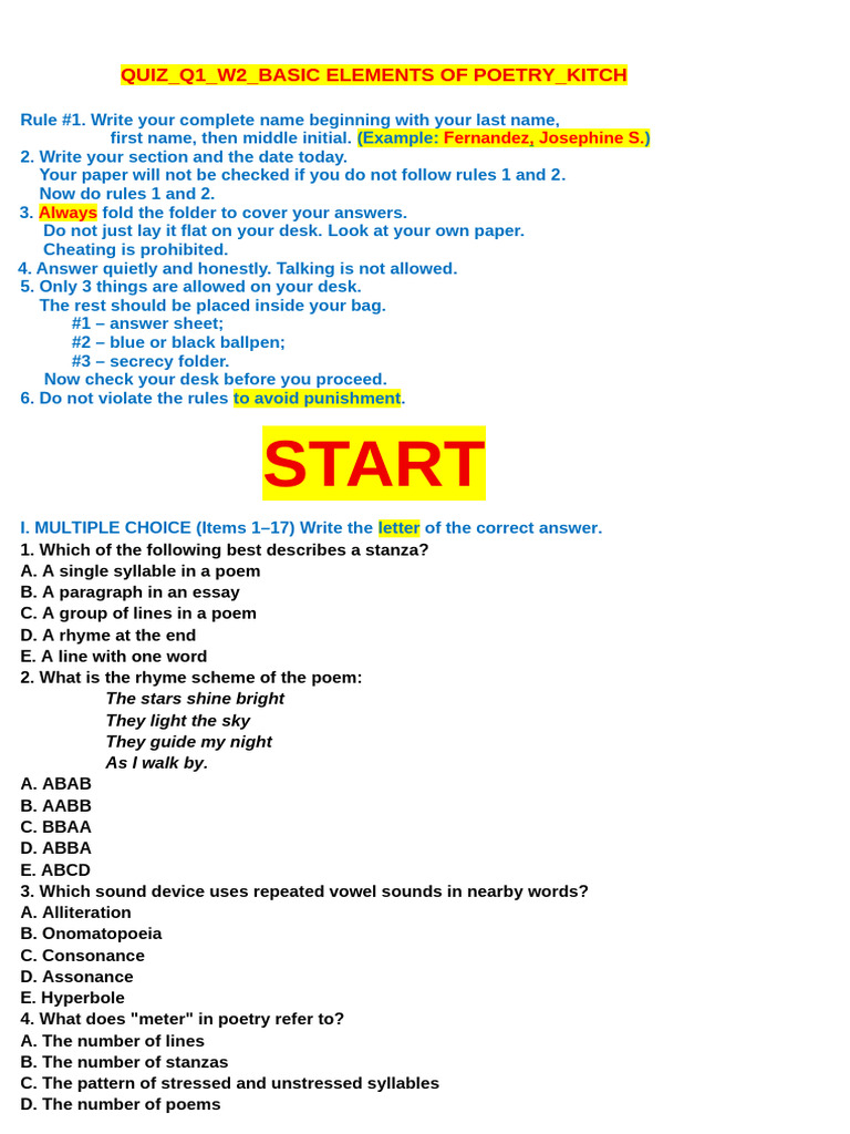 Basic Elements of Poetry Quiz | PDF | Poetry | Rhyme