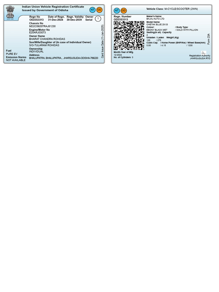 Odisha Vehicle Registration Certificate | PDF | Private Transport ...