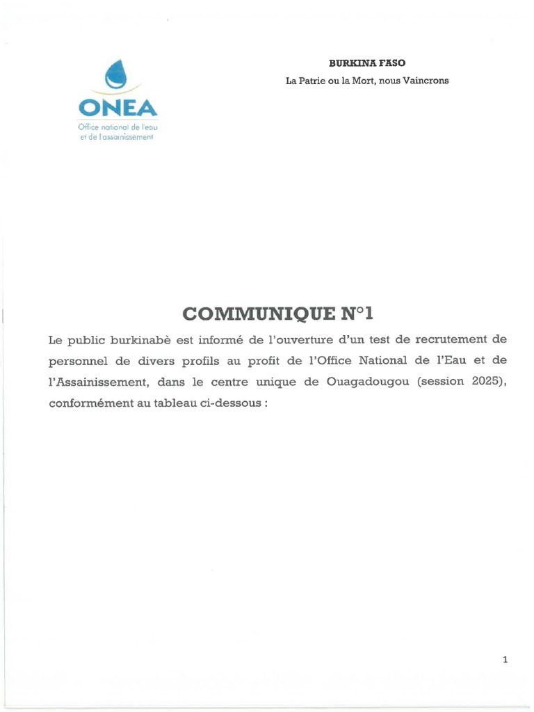 COMMUNIQUE N°1 Recrutement Externe Pour Emploi Direct ONEA | PDF