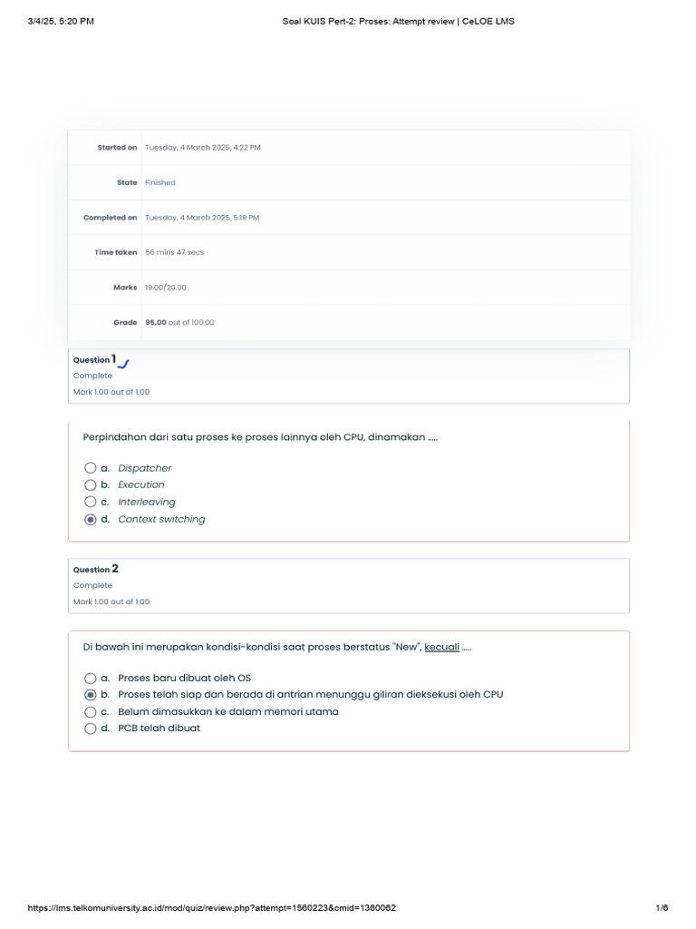 Soal KUIS Pert-2 - Proses - Attempt Review - CeLOE LMS | PDF