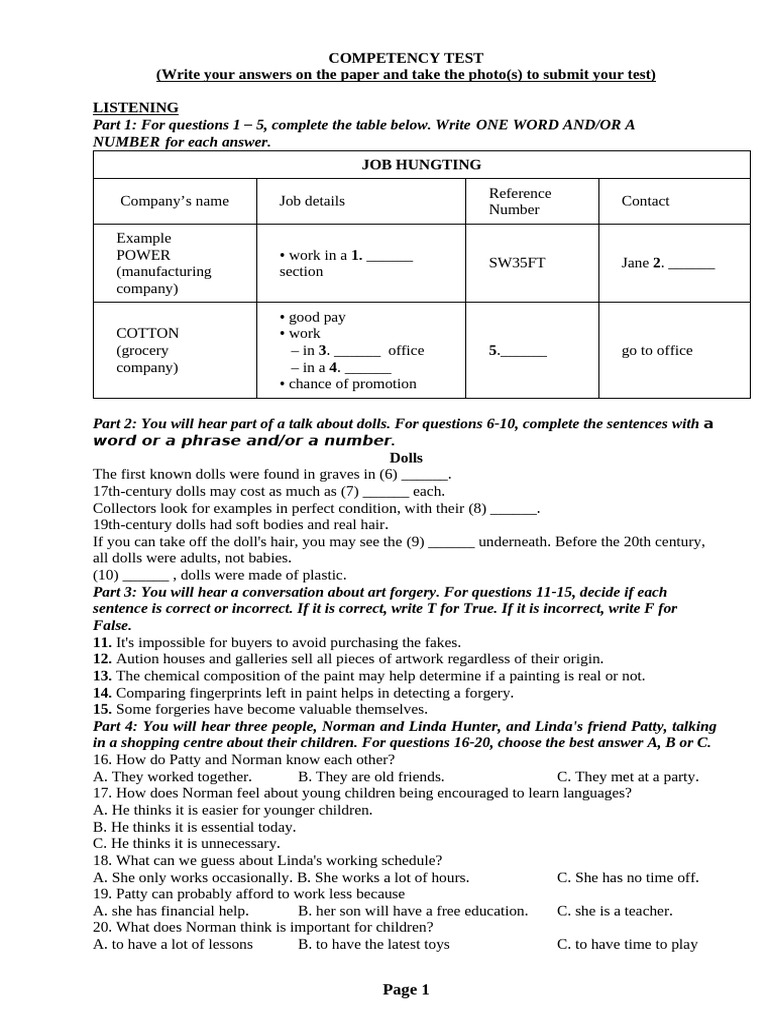 Competency Test: Listening & Grammar | PDF