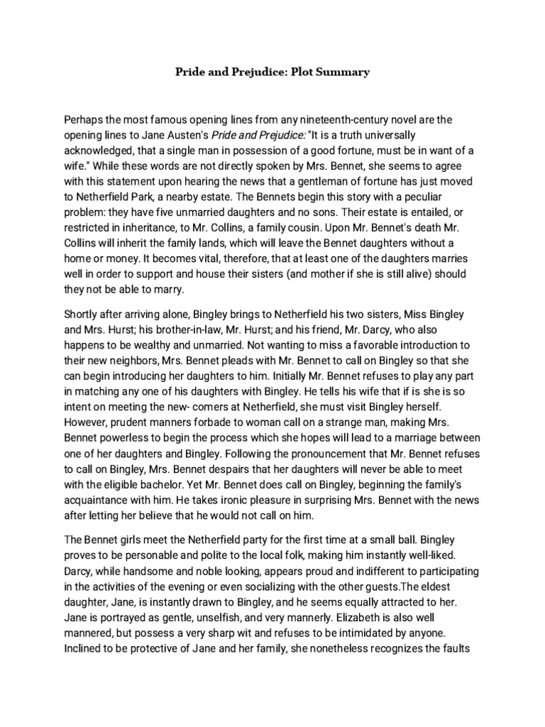 Pride and Prejudice - Plot Summary | PDF | Mr. Darcy | Pride And Prejudice