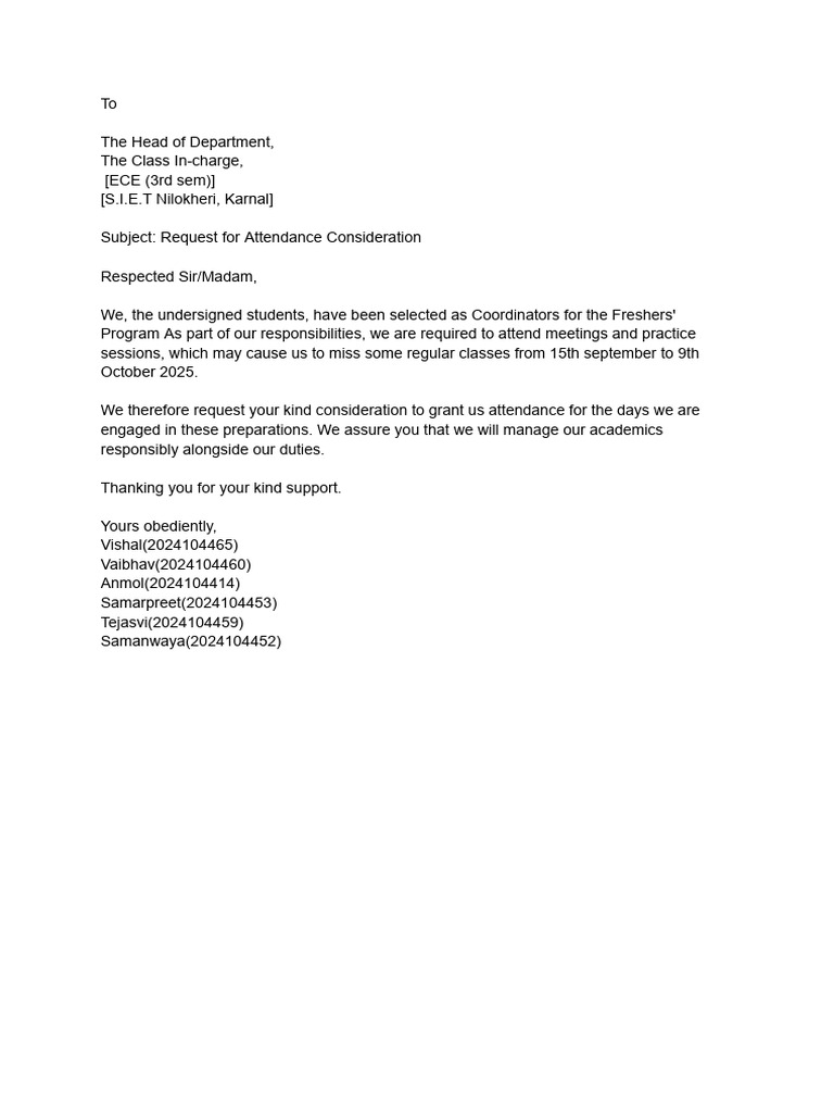 Attendance Request for Freshers' Program | PDF