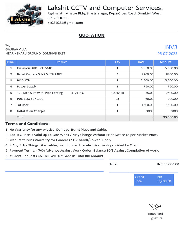 CCTV Installation Quotation Dombivli | PDF