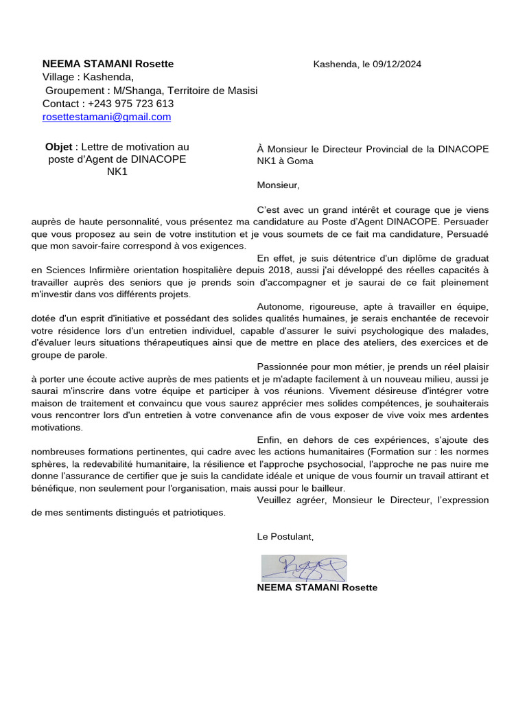 Candidature Agent DINACOPE par Neema Stamani | PDF | Allaitement