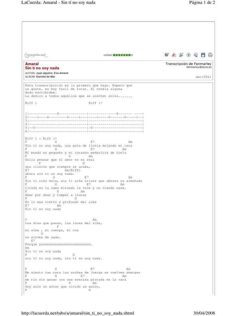 Acordes - Amaral - Sin Tí No Soy Nada | PDF