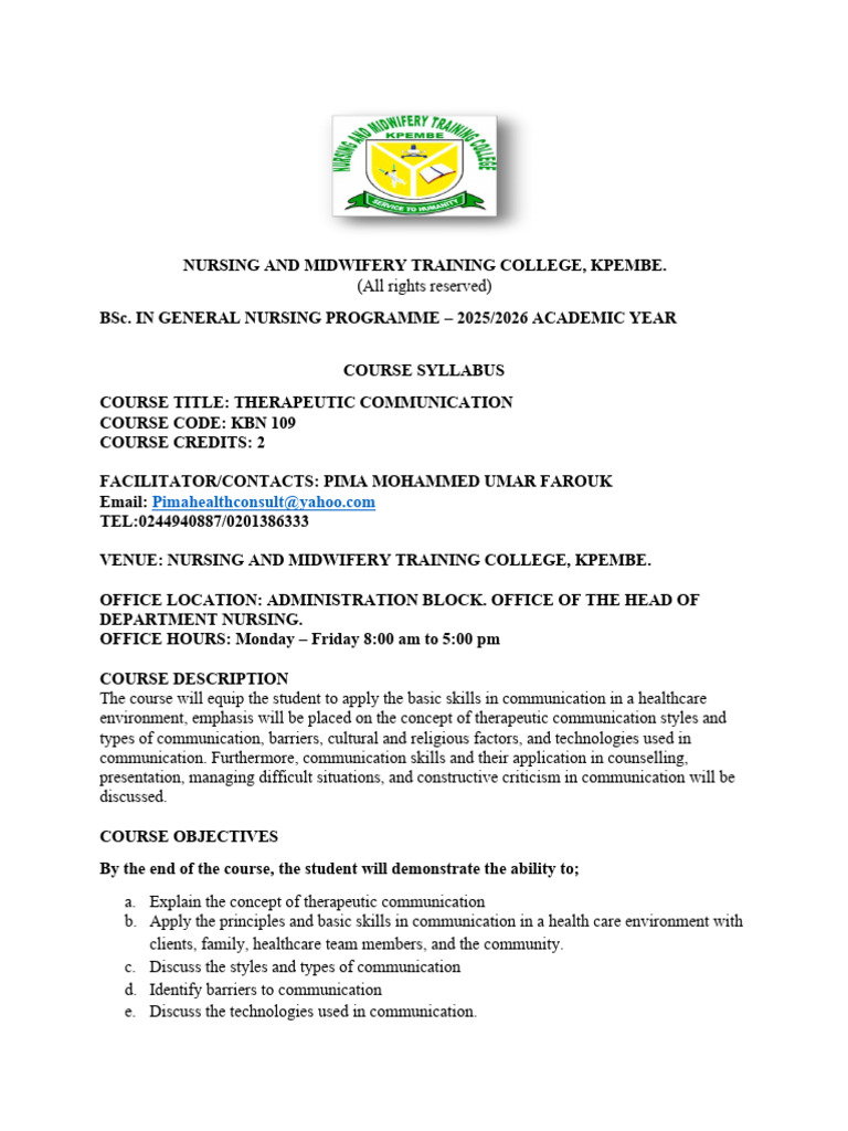 Therapeutic Communication Course Syllabus | PDF | Communication | Nursing