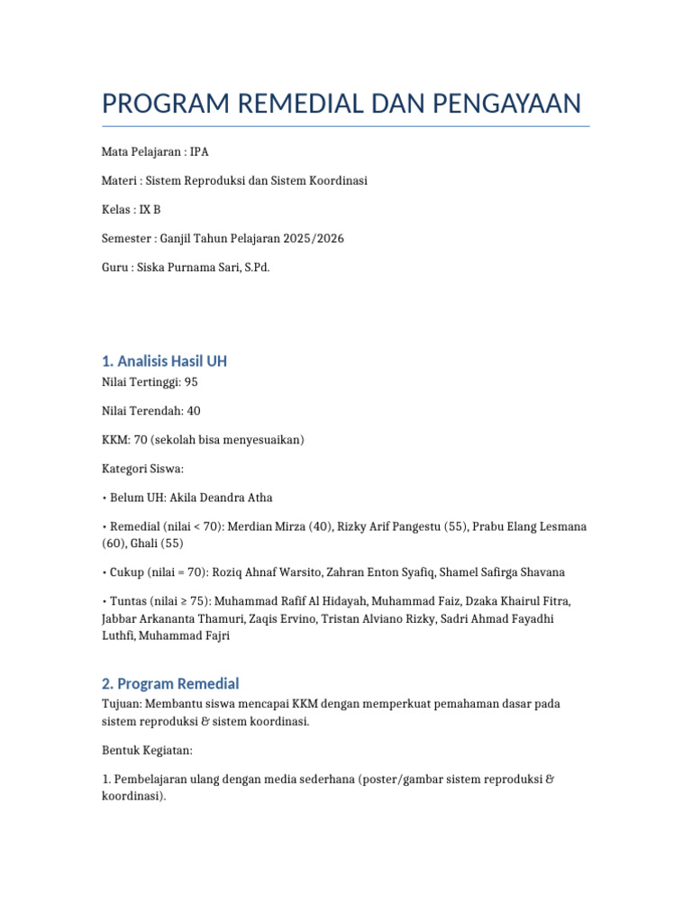 Program Remedial Pengayaan IPA Kelas IX | PDF