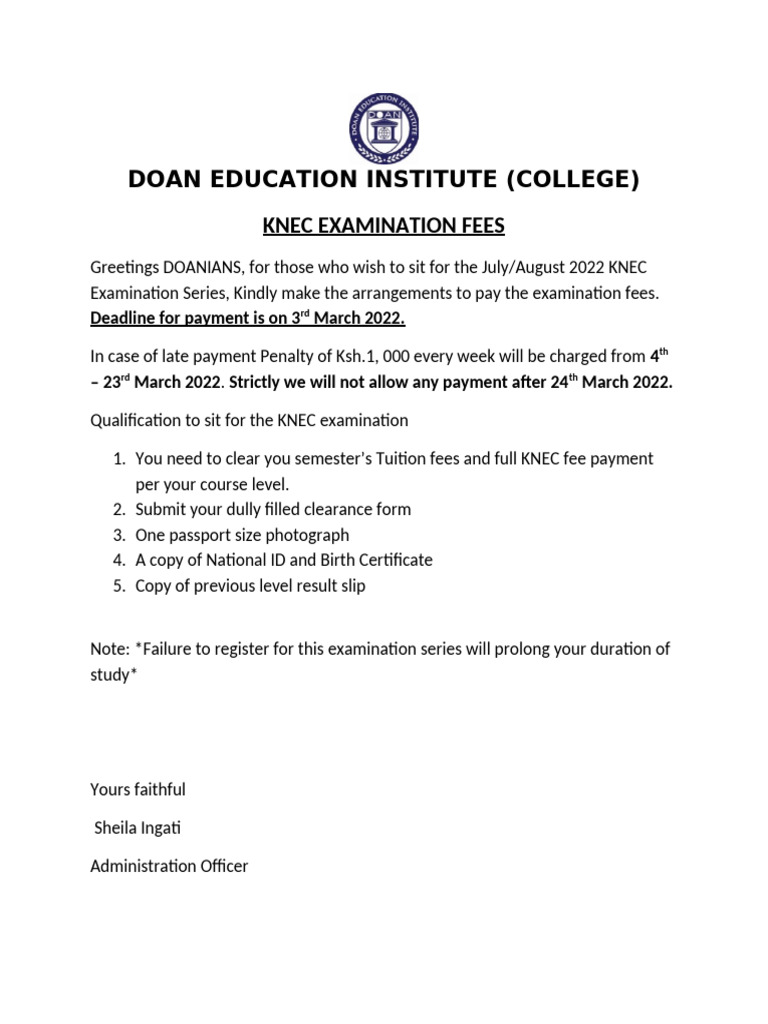 KNEC Exam Fee Payment Guidelines | PDF