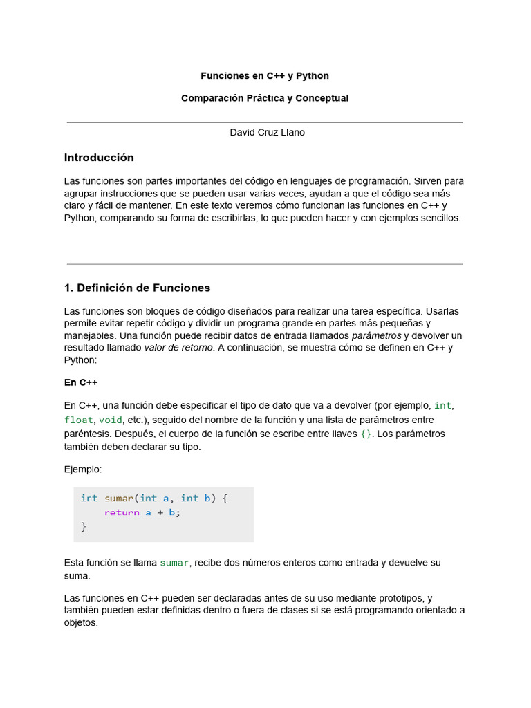 Funciones en C++ y Python: Comparativa | PDF | C ++ | Python (lenguaje ...