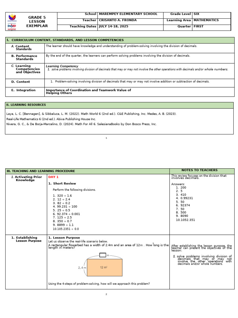 Division of Decimals Lesson Plan | PDF | Division (Mathematics) | Learning