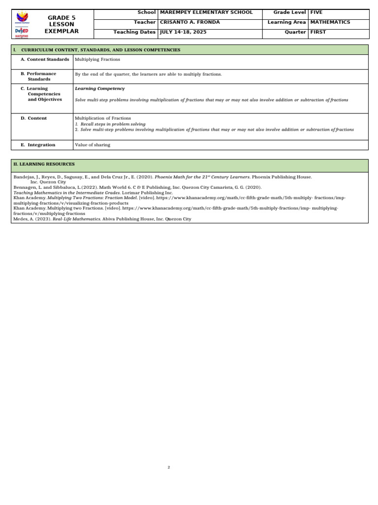 Grade 5 Multiplying Fractions Lesson Plan | PDF | French Fries ...