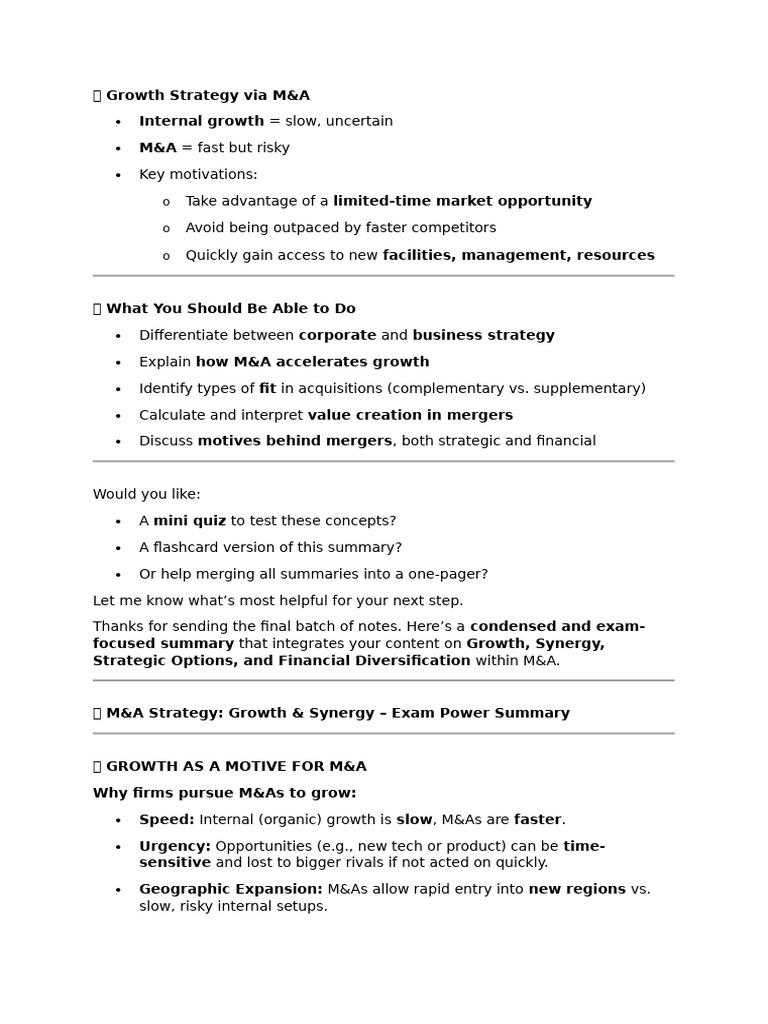 Growth Strategy Summary Lecture | PDF | Mergers And Acquisitions | Business